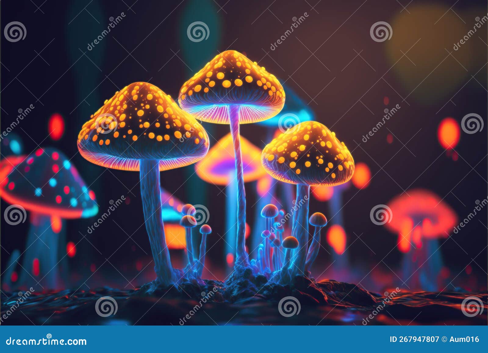 Neon fluorescent mushrooms stock illustration. Illustration of life ...