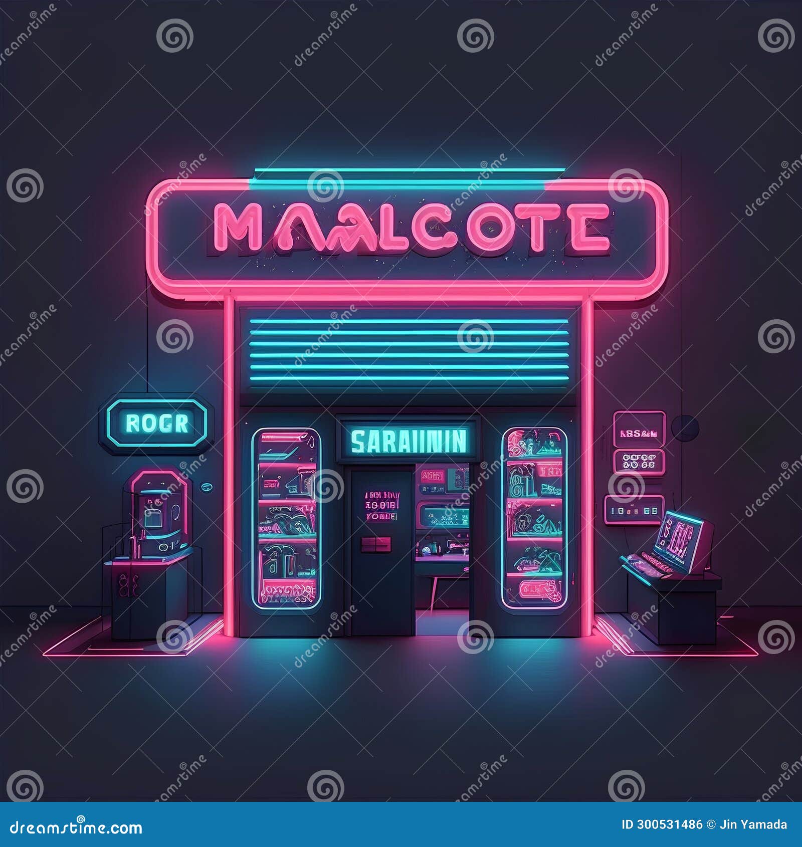 Illustration of a Neon Slot Machine Shop in Neon Style, Vector ...