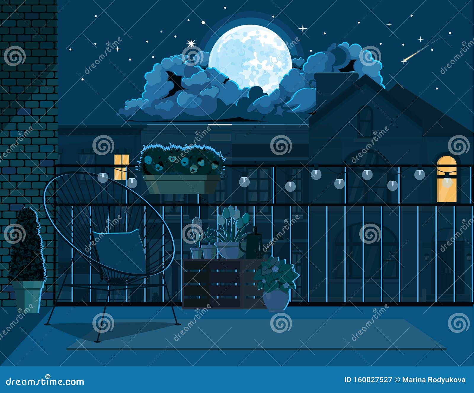 Illustration of a Night Balcony Illuminated by Moonlight. Stock Vector ...