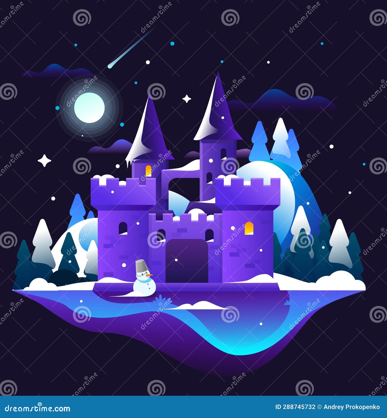 Illustration of a Night Castle in Winter Stock Vector - Illustration of ...