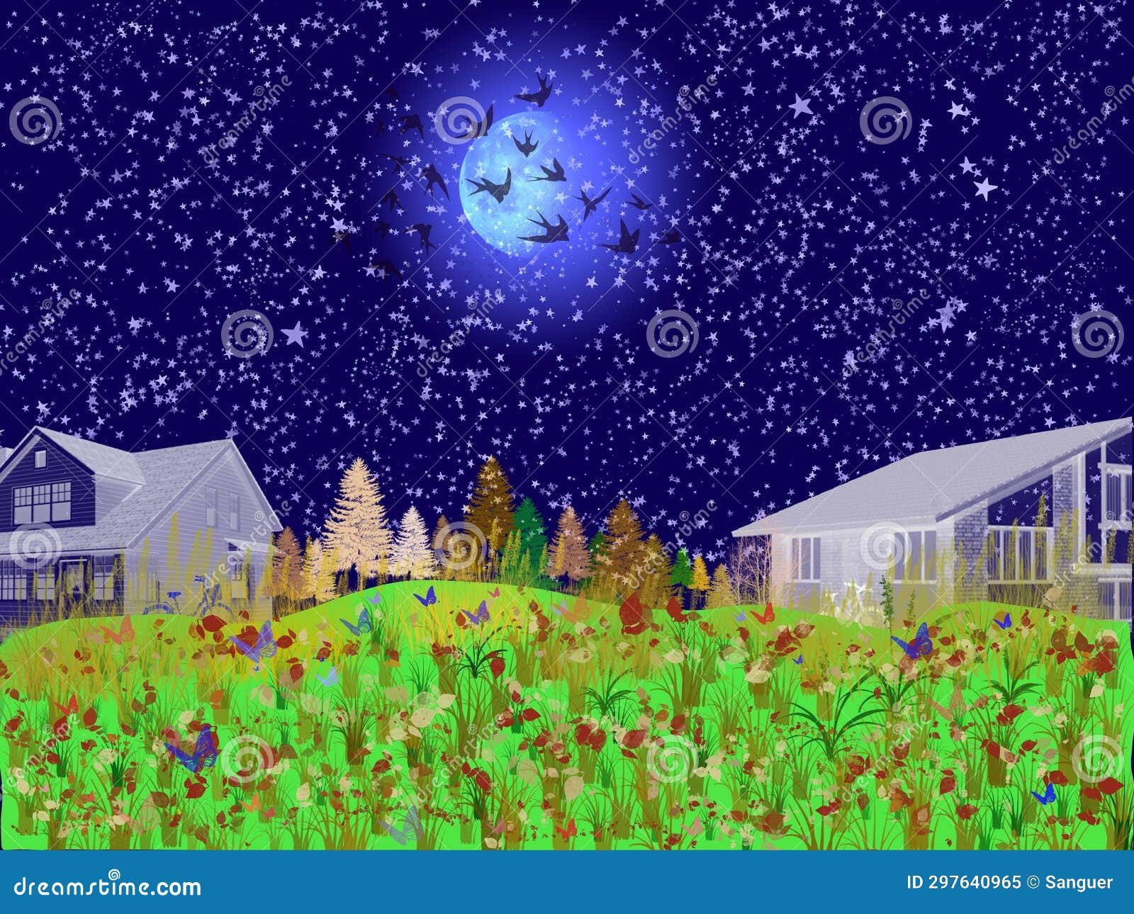 Illustration of Night in the Field Stock Illustration - Illustration of ...