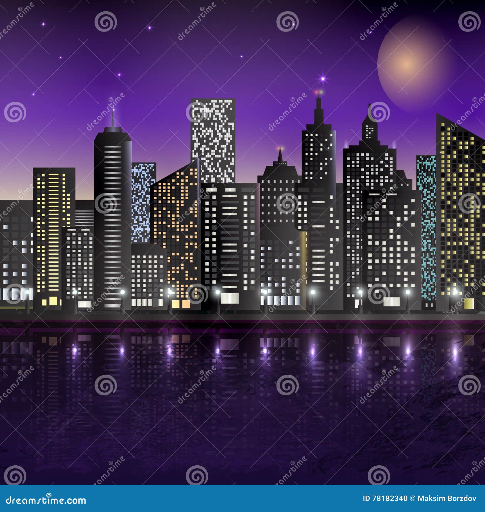 Illustration of Night Scene of City with Illuminated Building Stock ...