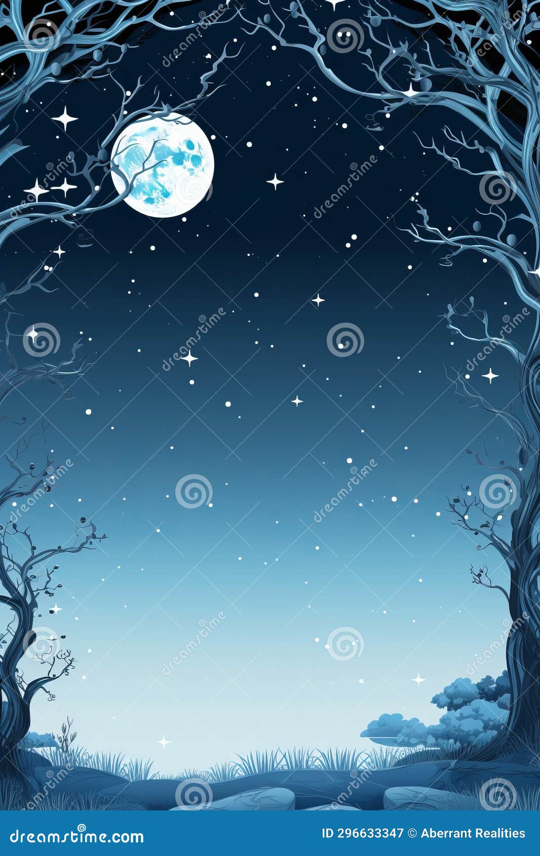 An Illustration of a Night Scene with Trees and a Full Moon Stock ...