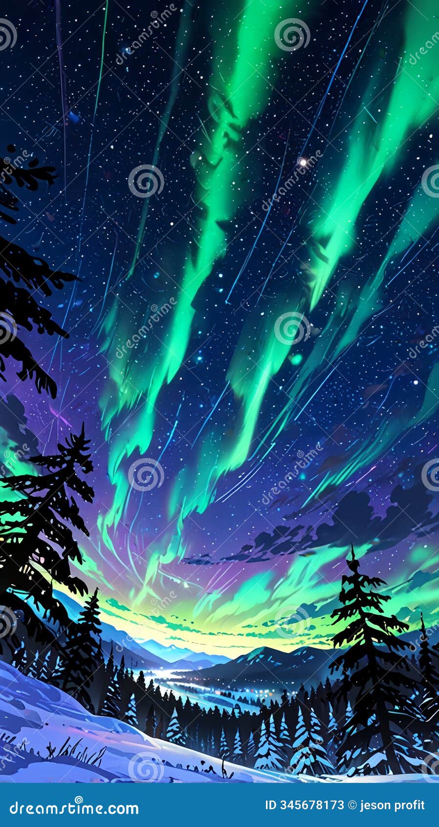Illustration of the Night Sky with a View of the Aurora Stock ...