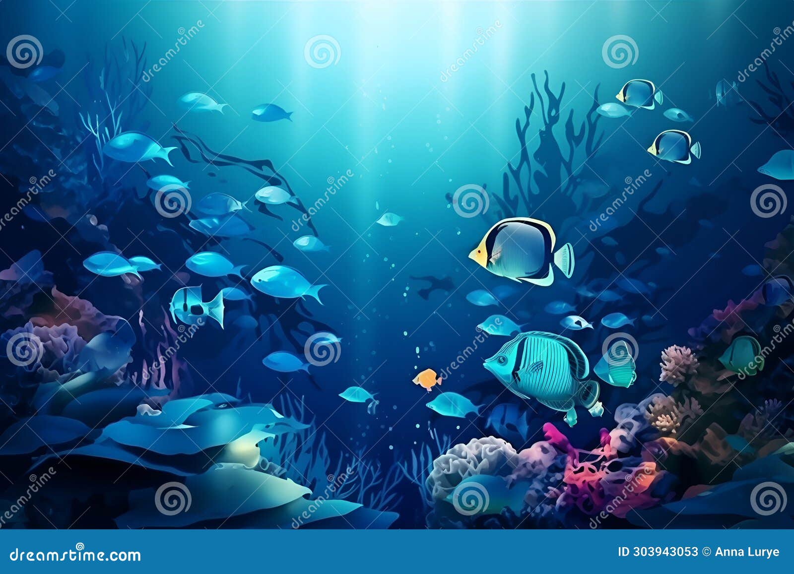 An Illustration of Ocean Life with Fish Underwater Stock Illustration ...