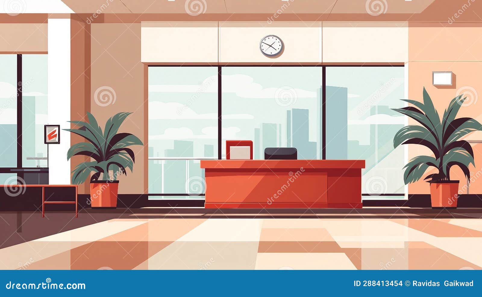 An Illustration of an Office Lobby with a Desk and Plants AI Generated ...