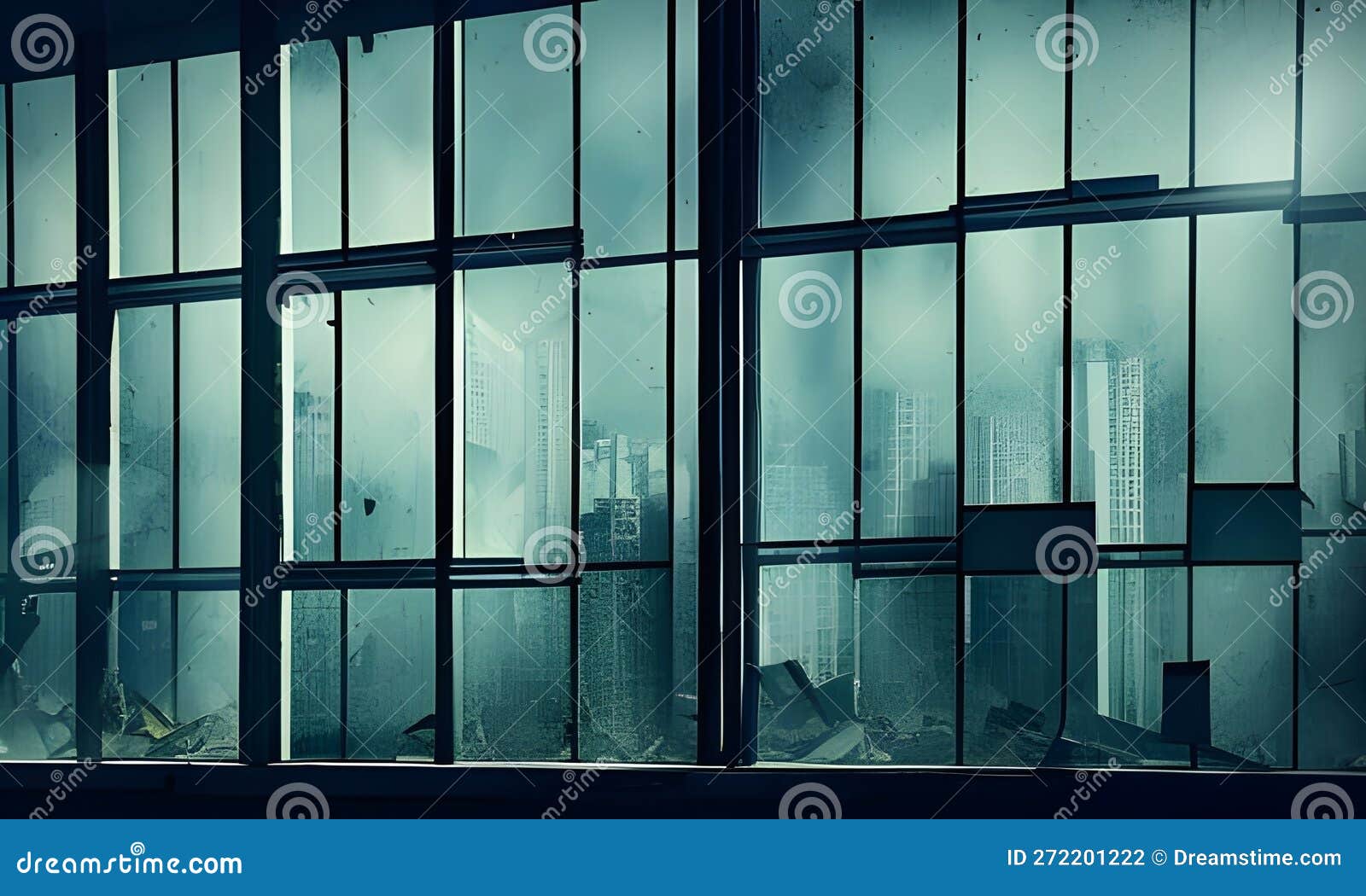 Illustration of Office Windows in Skyscraper with a Destroyed Cityscape ...