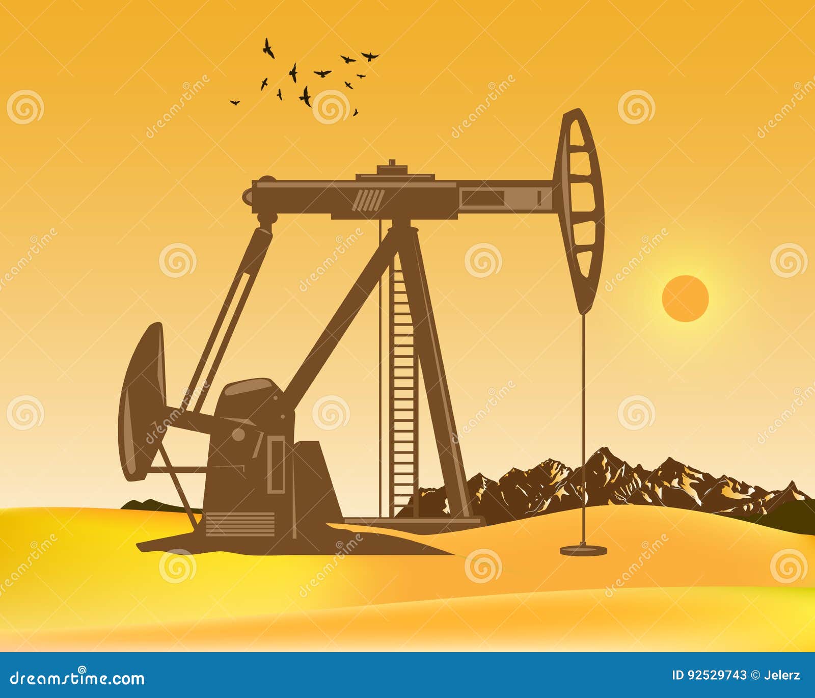 Oil Production In The Desert, Oil Rigs. Vector Line Art Illustration ...