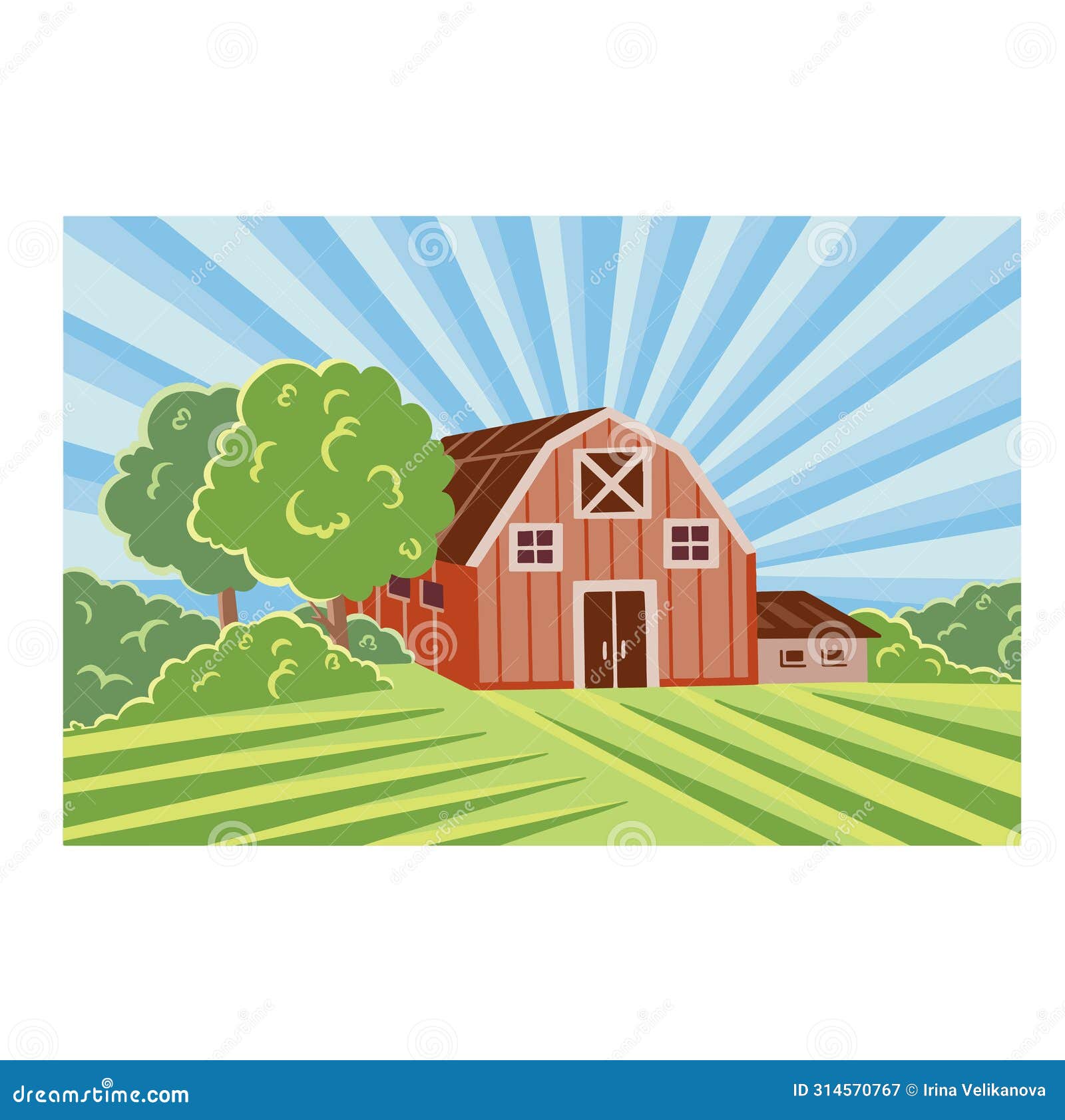 Illustration of an Old Barn and a Green Field and Apple Trees in the ...