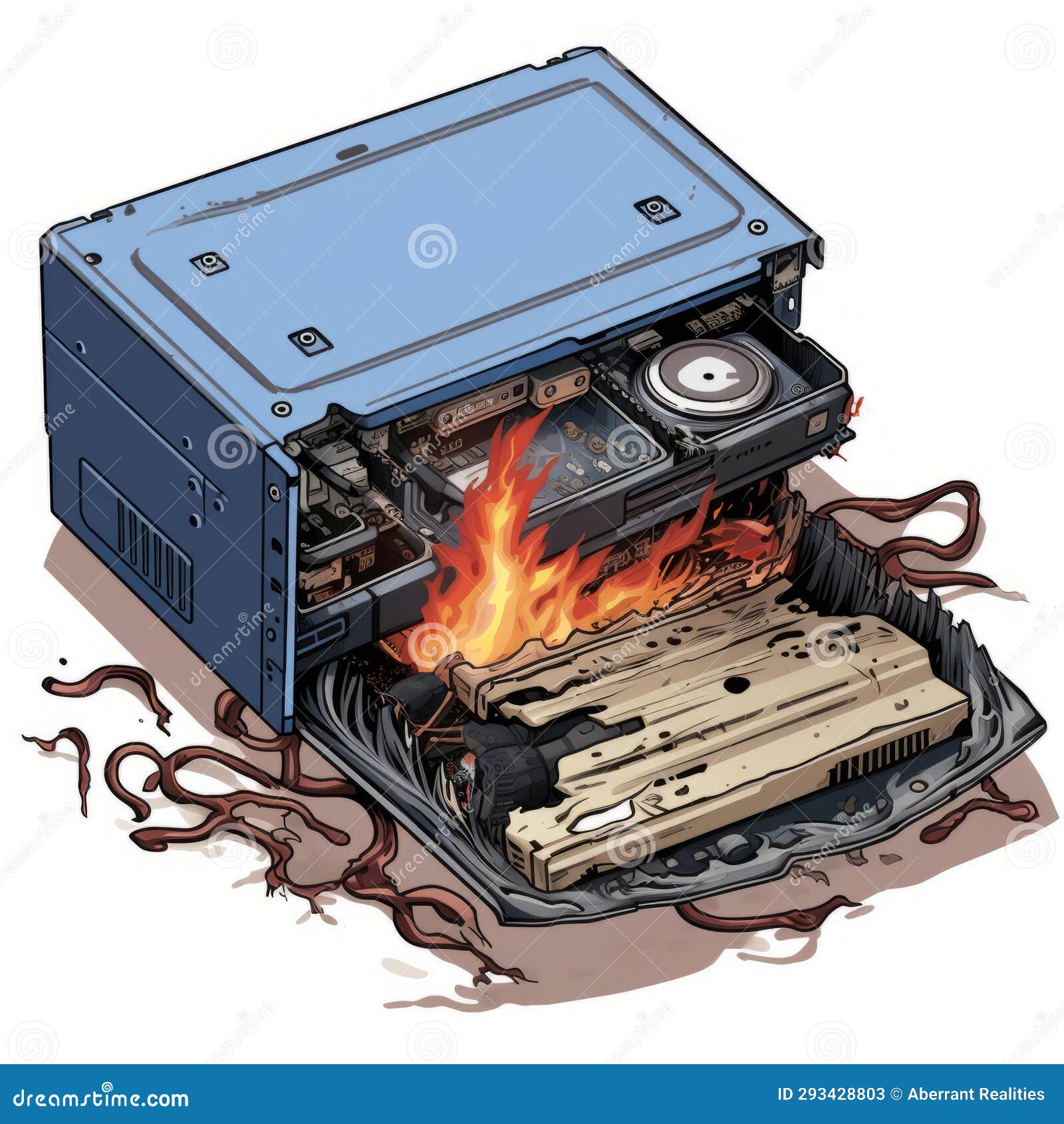 An Illustration of an Old Computer with a Fire in it Stock Illustration ...