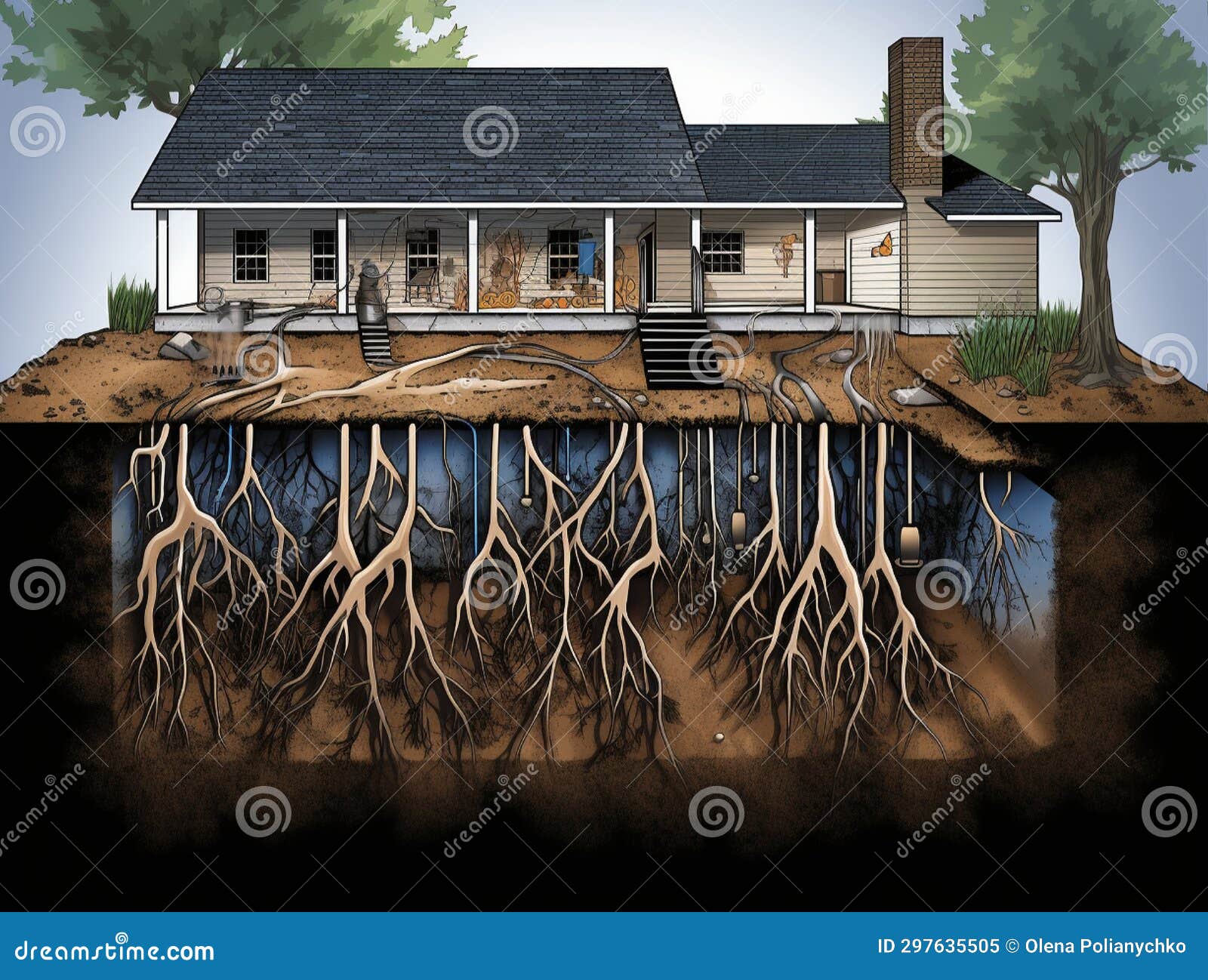 Illustration of an Old House, the Ground in a Section with Tree Roots ...