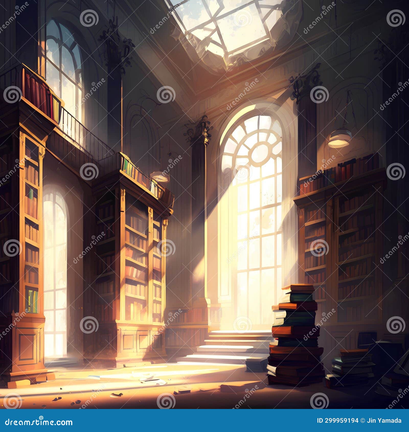 Illustration of an Old Library in the Rays of the Setting Sun Stock ...