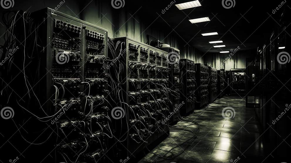 An Old Server Room Filled with Connecting Wires Stock Illustration ...