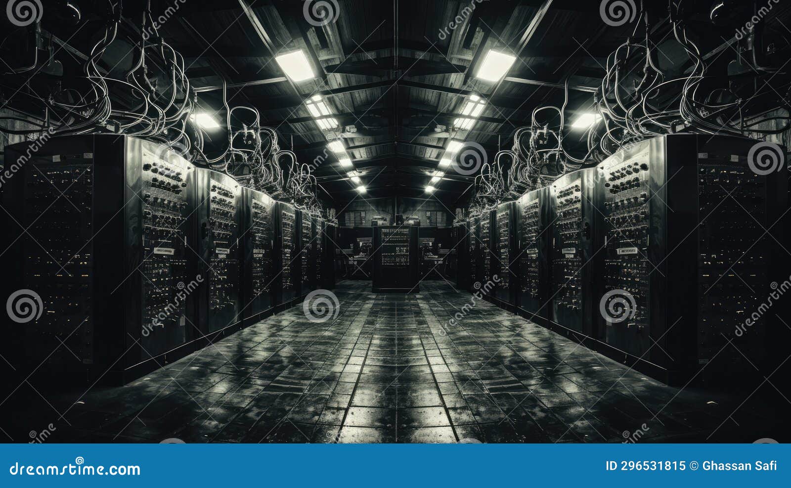 An Old Server Room Filled with Connecting Wires Stock Illustration ...