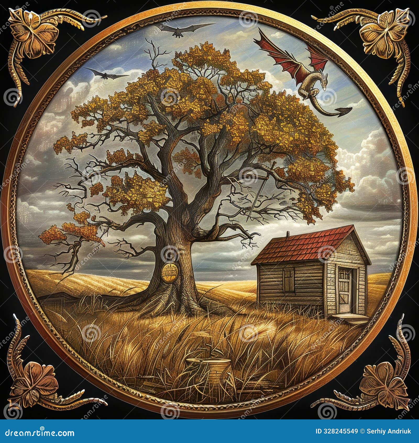 Illustration of an Old Oak Tree in a Round Frame on a Black Background ...