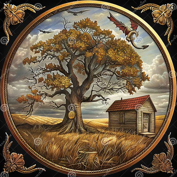 Illustration of an Old Oak Tree in a Round Frame on a Black Background ...