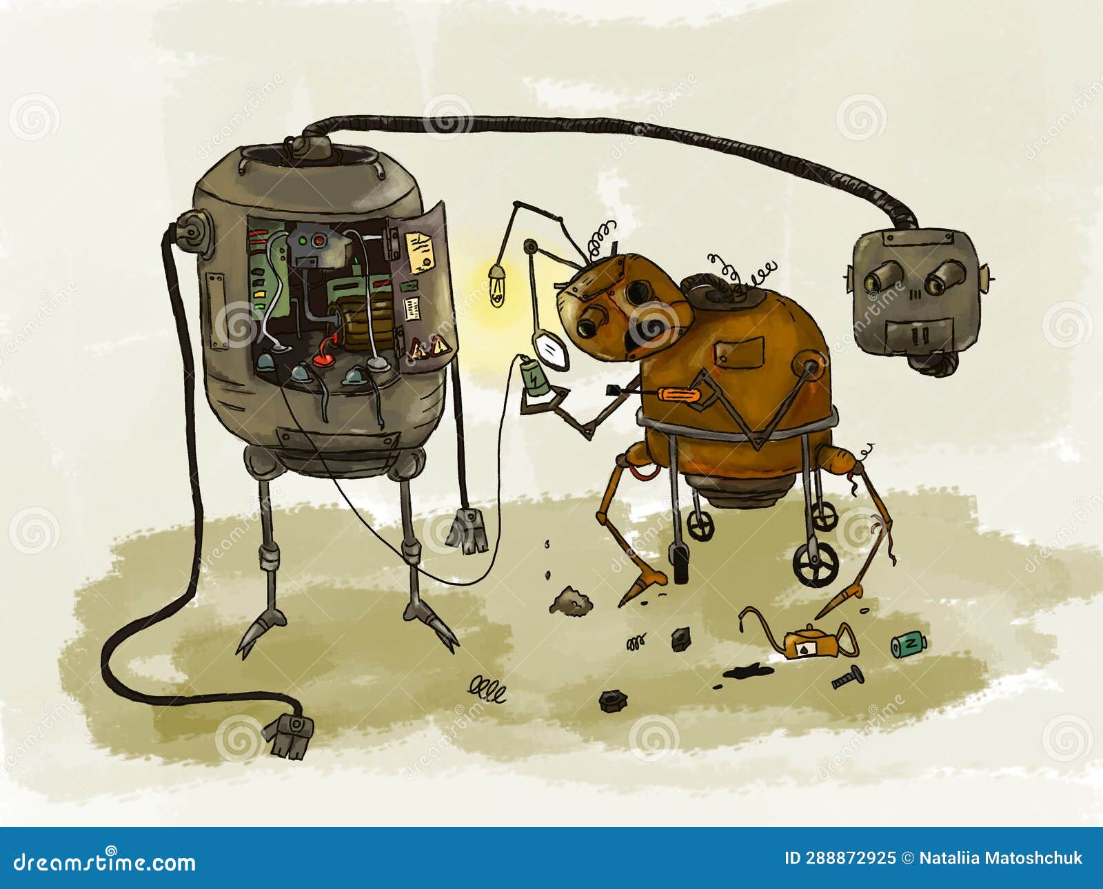 Illustration of an Old Robot Fixing Another Robot. Stock Illustration ...