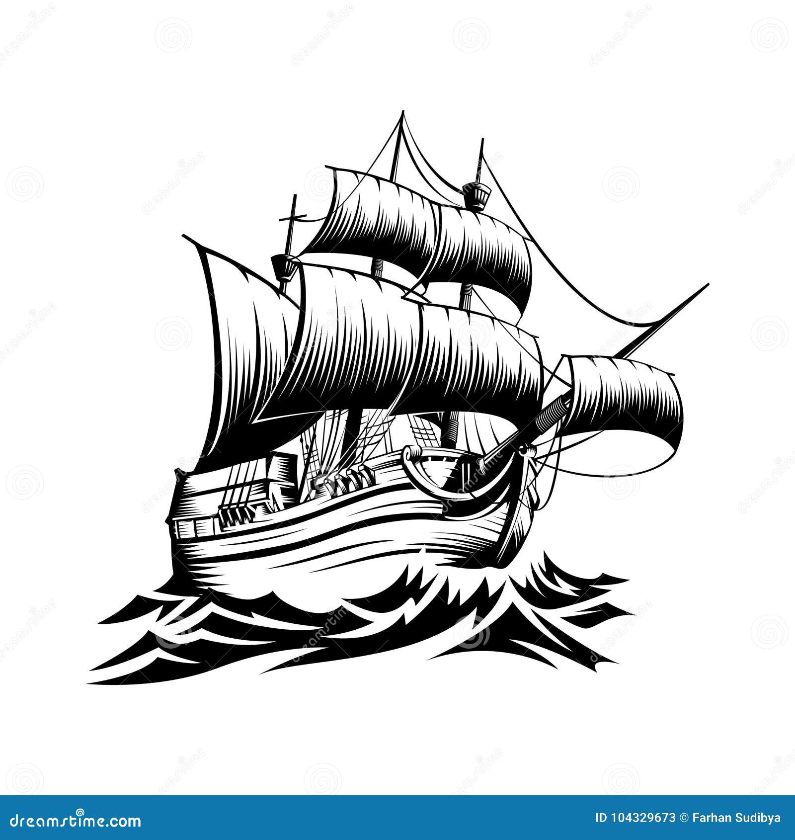 Illustration Old Ship with Waves in Style Retro Design Stock Vector ...