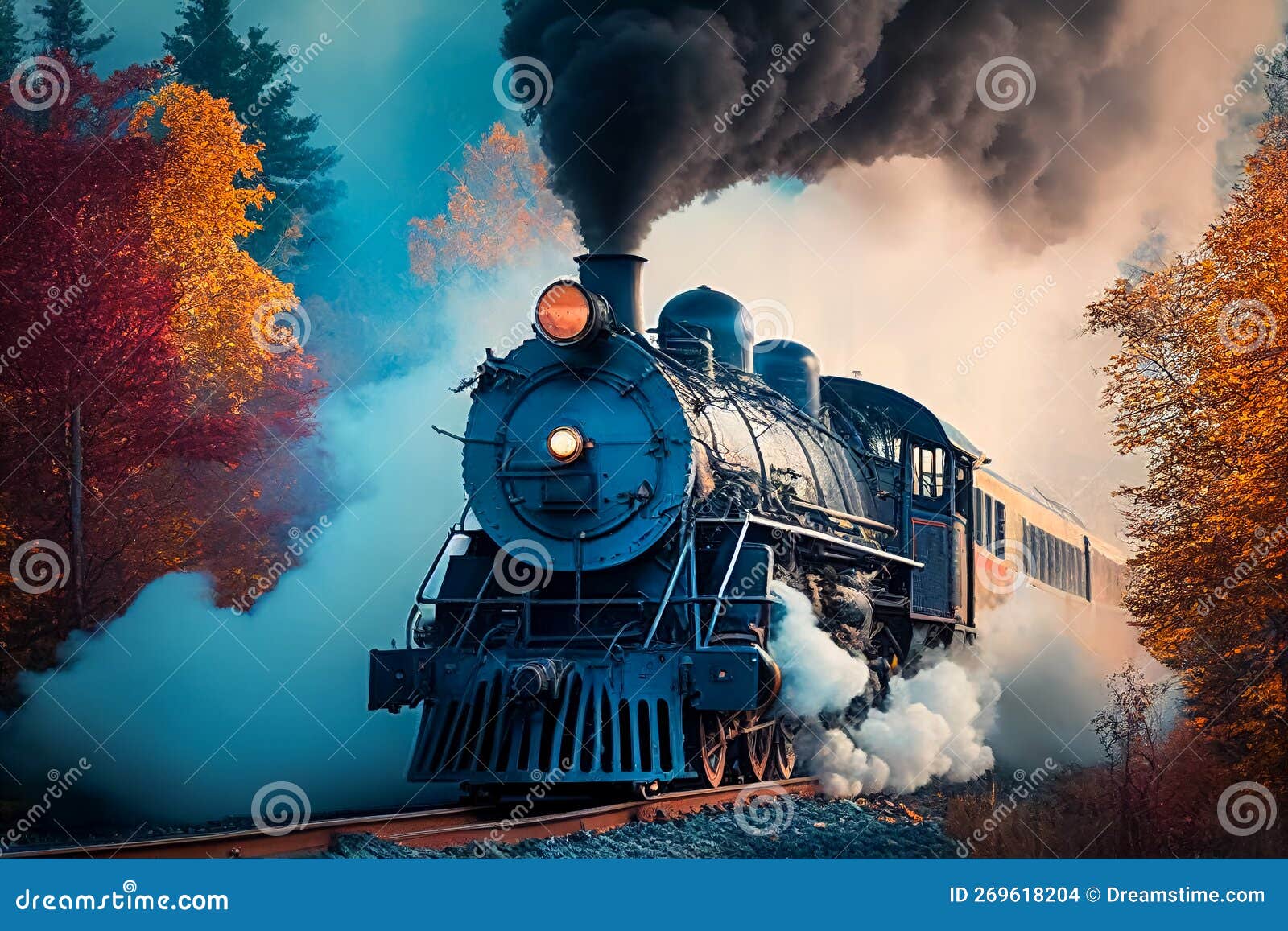 An Illustration of Old-time Steam Engine Middle of Autumn Forest, AI ...