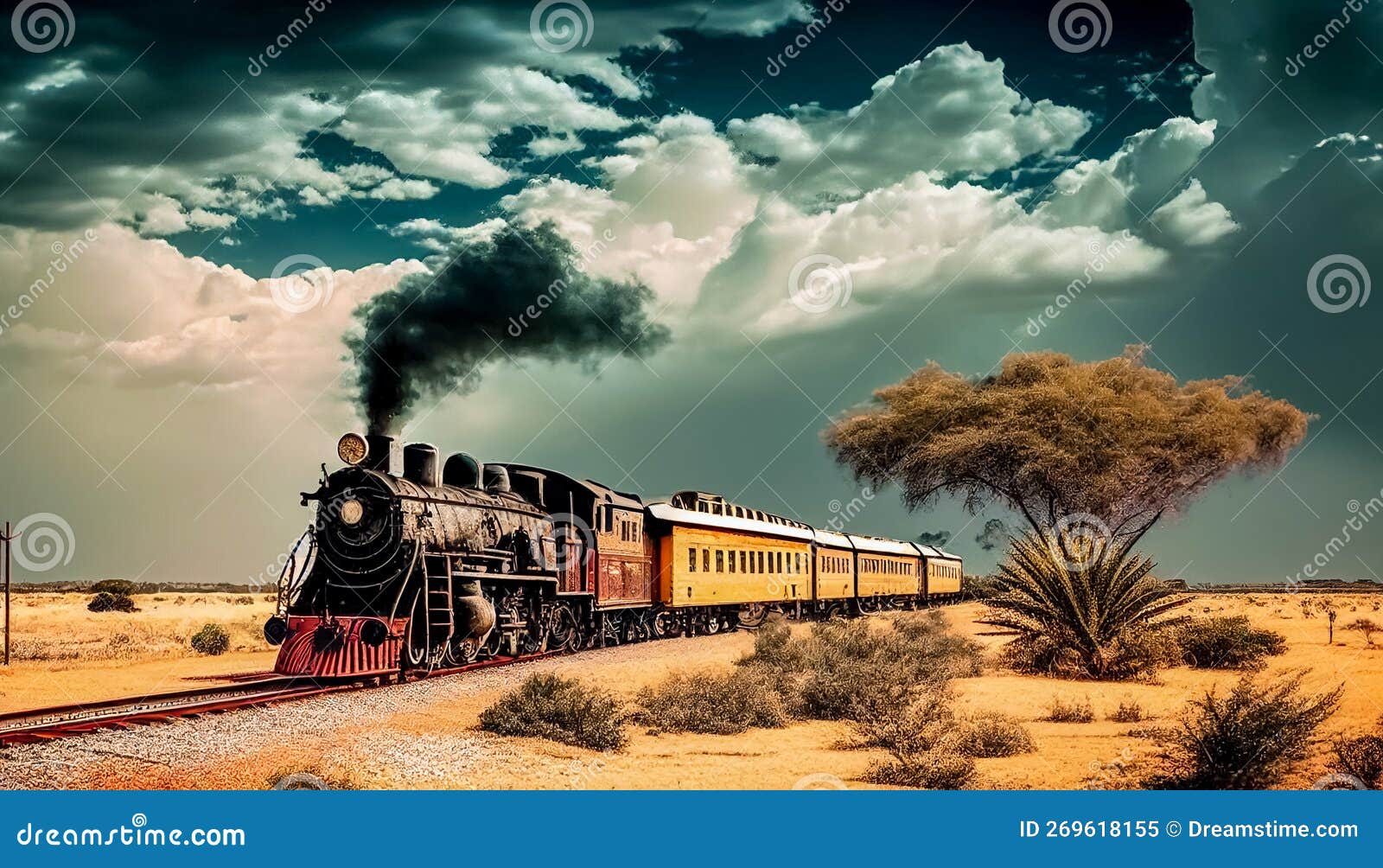 An Illustration of Old-time Steam Engine Train Middle of the Desert, AI ...