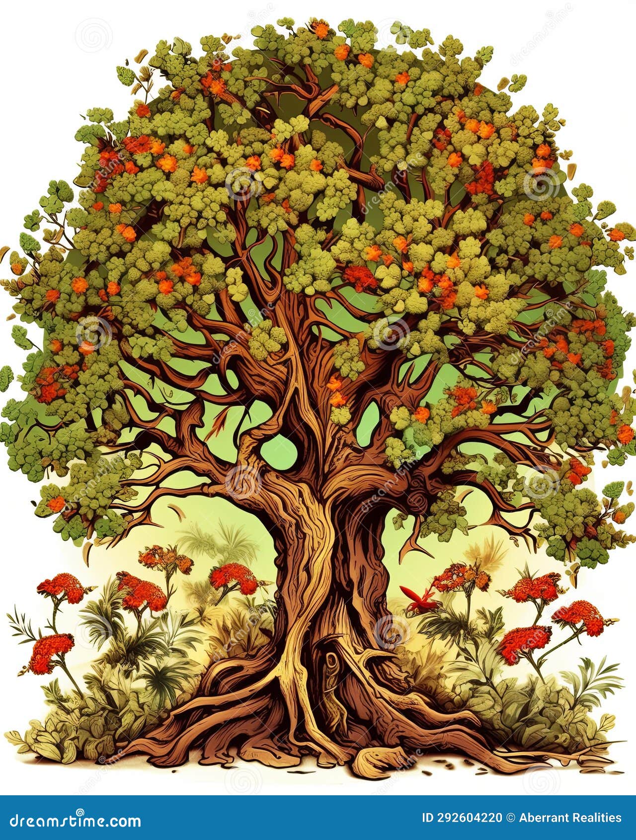 An Illustration of an Old Tree with Red Flowers Stock Illustration ...