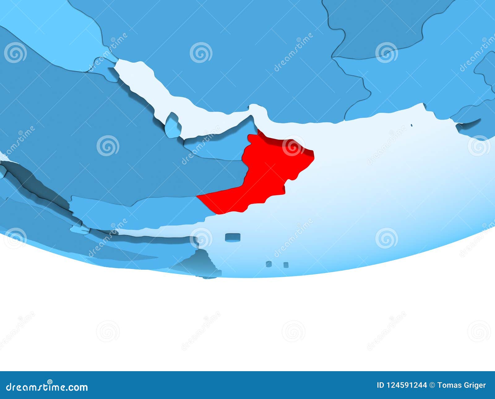 Oman in red on blue map stock illustration. Illustration of highlighted ...