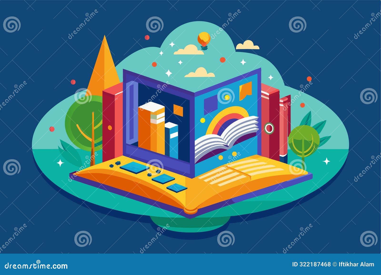 An Illustration of an Open Book with Colorful Illustrations and a ...