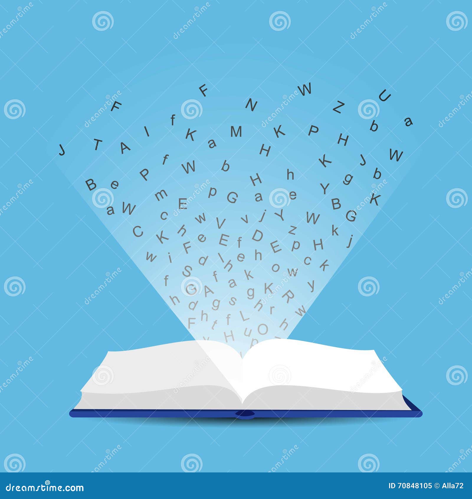 Illustration Of An Open Book Radiates Light And Randomly Placed Letters ...