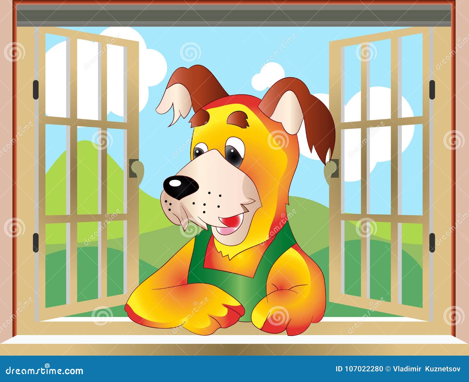 Illustration, in an Open Window, Looking Yellow Dog, Cartoon Stock ...