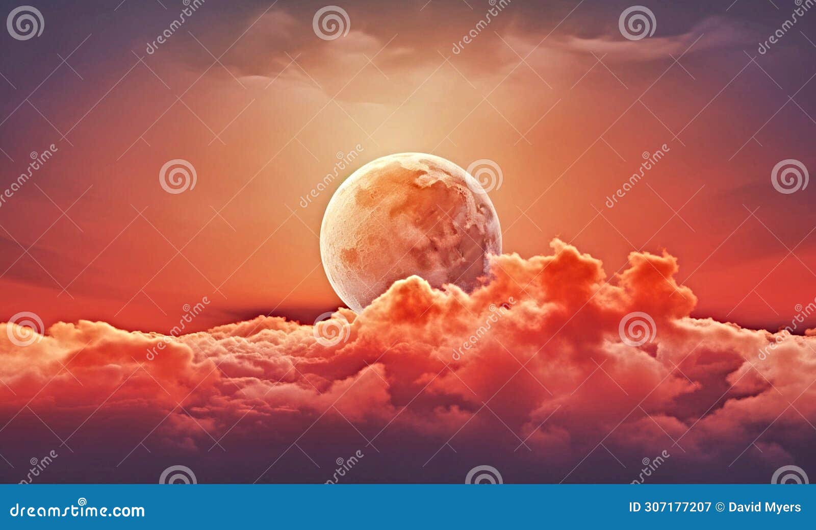 Illustration, Orange Moon in the Clouds, Backlit Stock Image - Image of ...