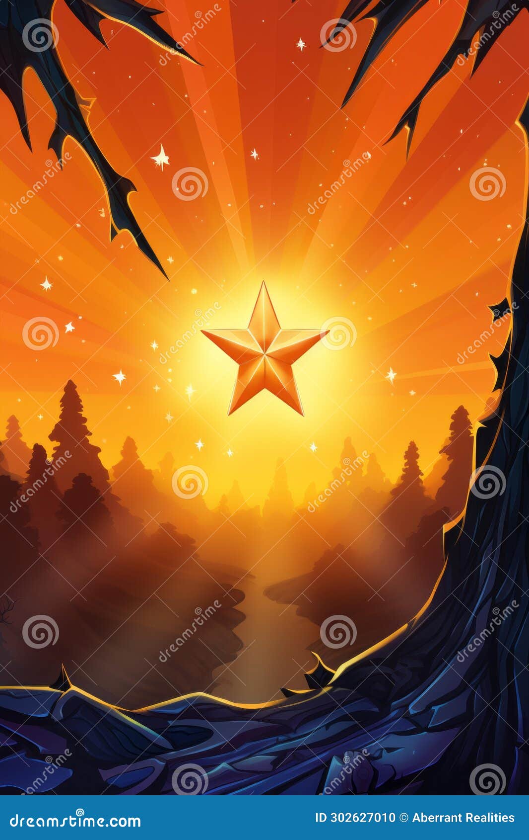 An Illustration of an Orange Star in the Sky Over a Forest Stock ...