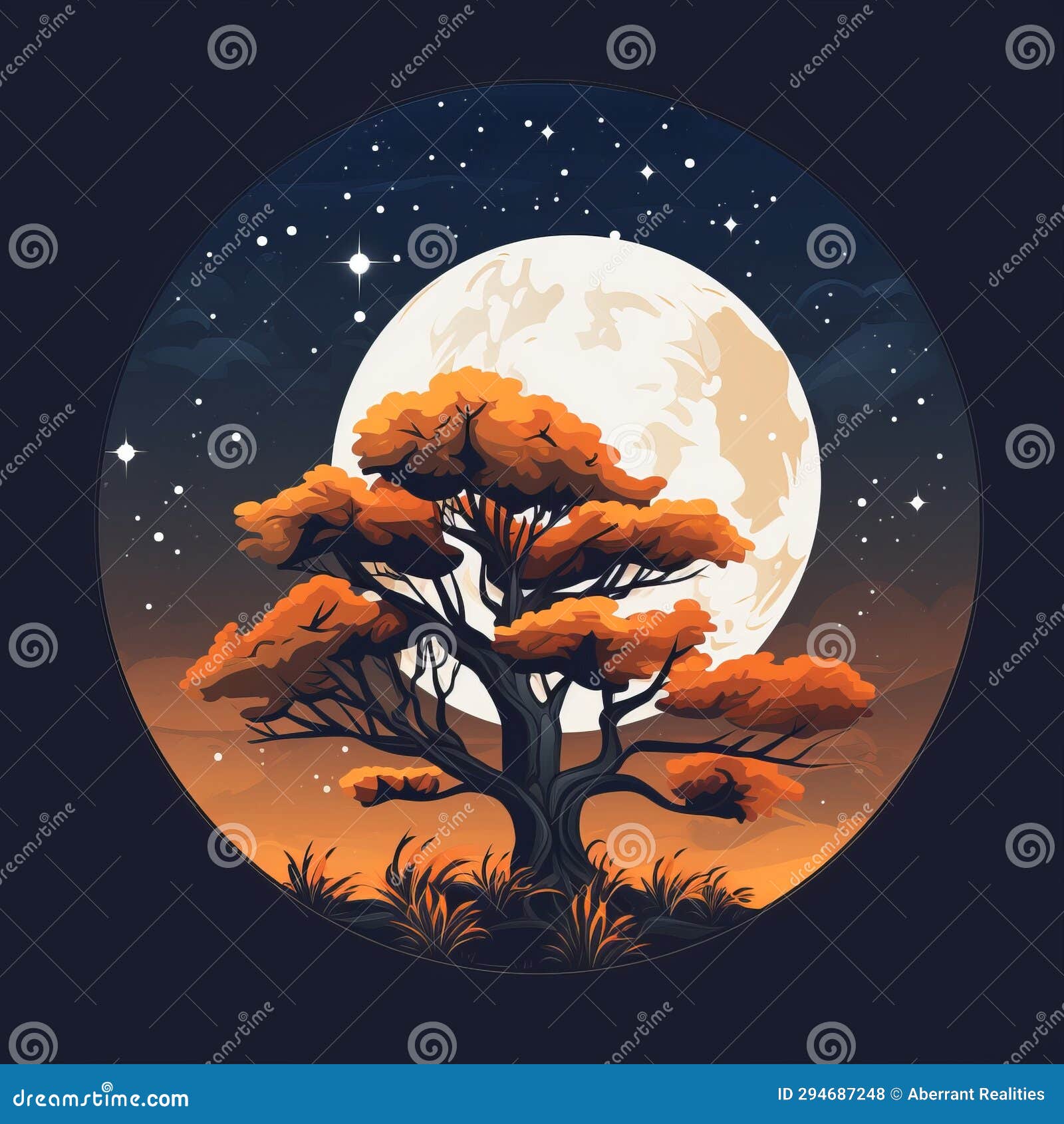 An Illustration of an Orange Tree in Front of a Full Moon Stock ...
