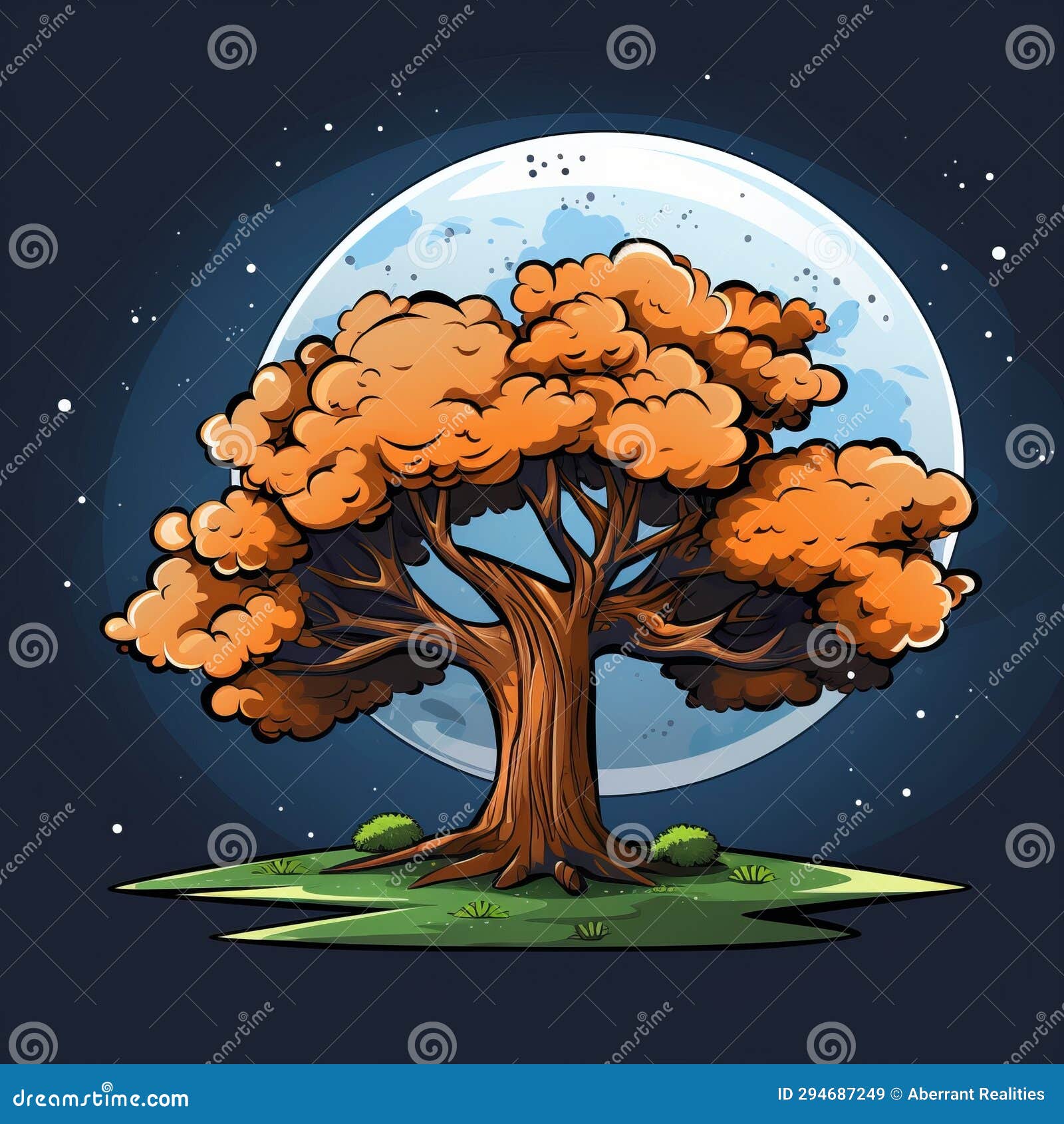 An Illustration of an Orange Tree in Front of a Full Moon Stock ...