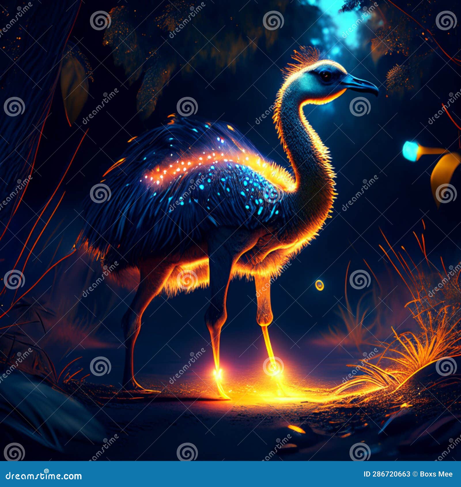 Illustration of an Ostrich in the Night Forest. 3d Rendering AI ...