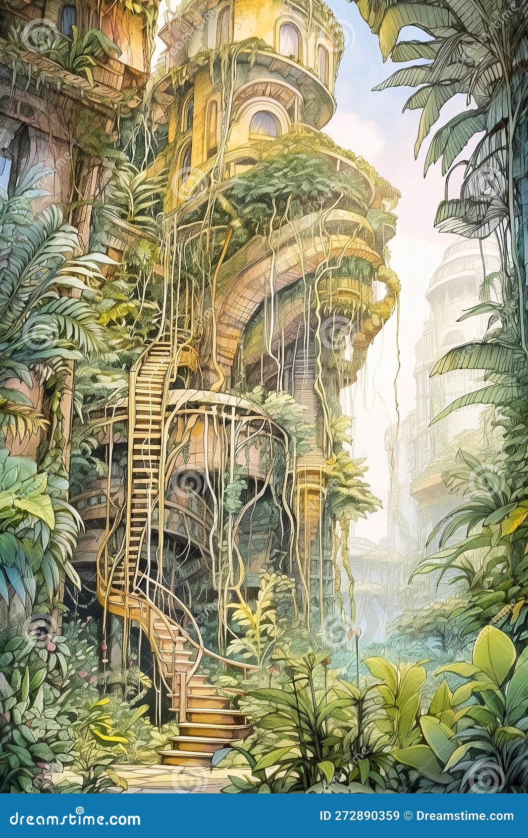 Illustration of Overgrown Building of Ancient Civilization in the ...
