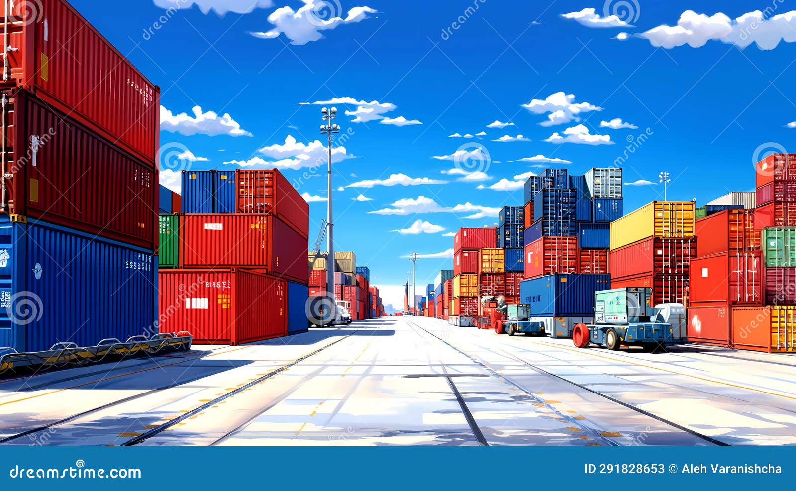 Illustration Overlooking a Commercial Port and Cargo Containers Stock ...