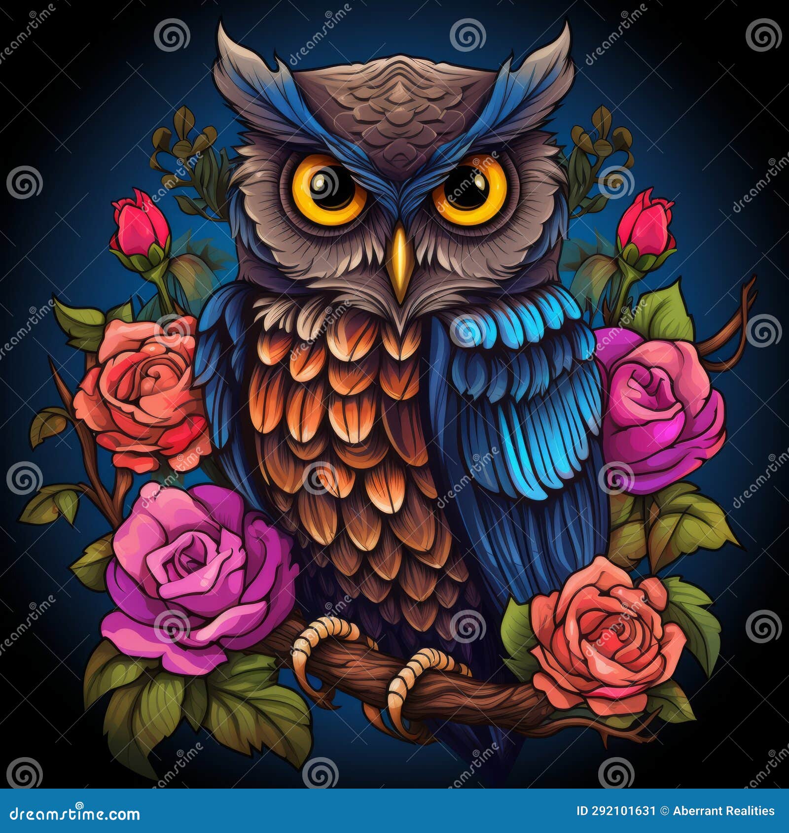 An Illustration of an Owl Sitting on a Branch with Roses Stock ...