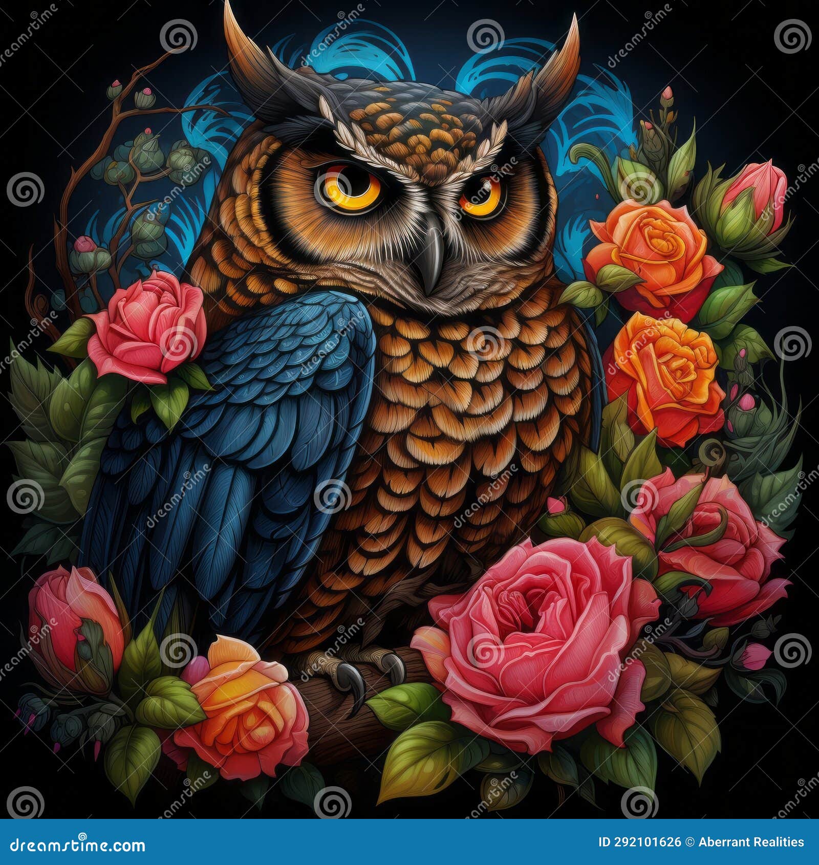 An Illustration of an Owl Sitting on a Branch Surrounded by Roses Stock ...