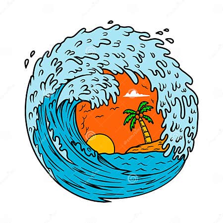 Illustration of Palm and Wave. Stock Illustration - Illustration of ...