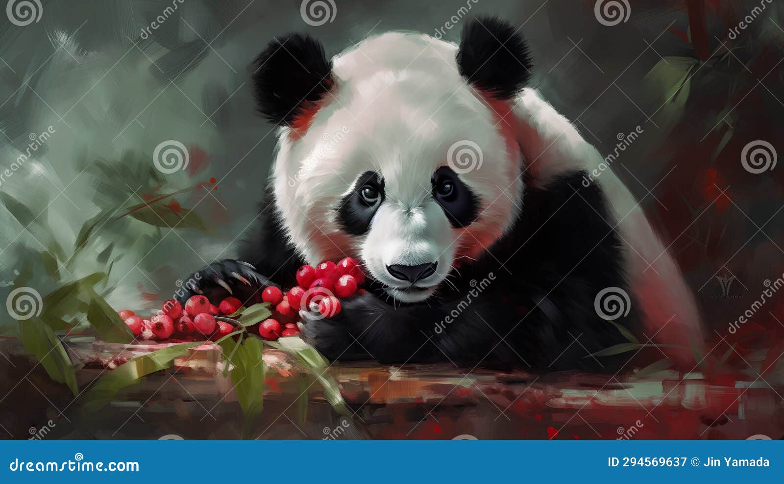 Illustration of a Panda Bear with Red Berries. Digital Painting Stock ...