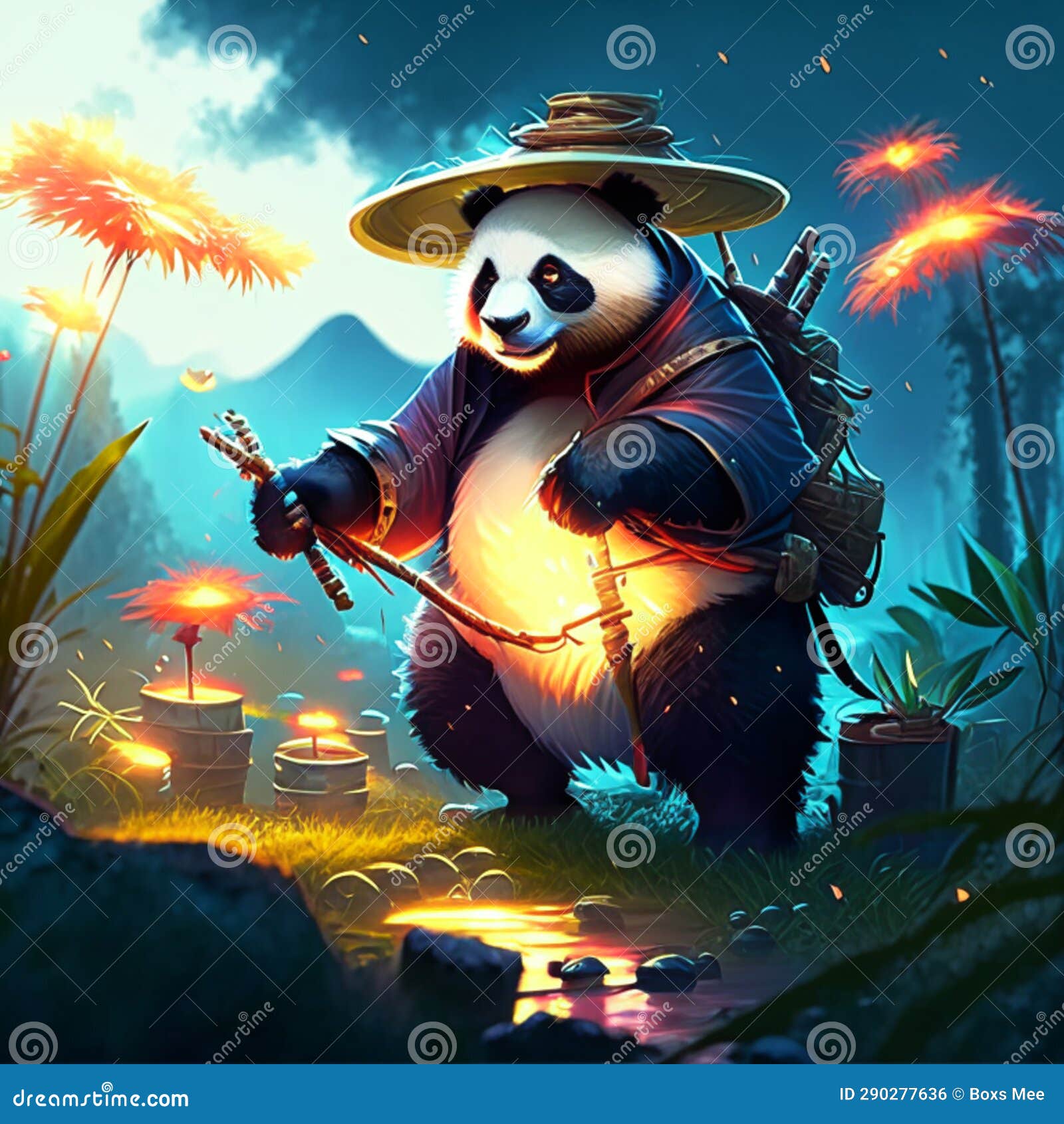 Illustration of a Panda in the Forest with Firework. Generative AI ...