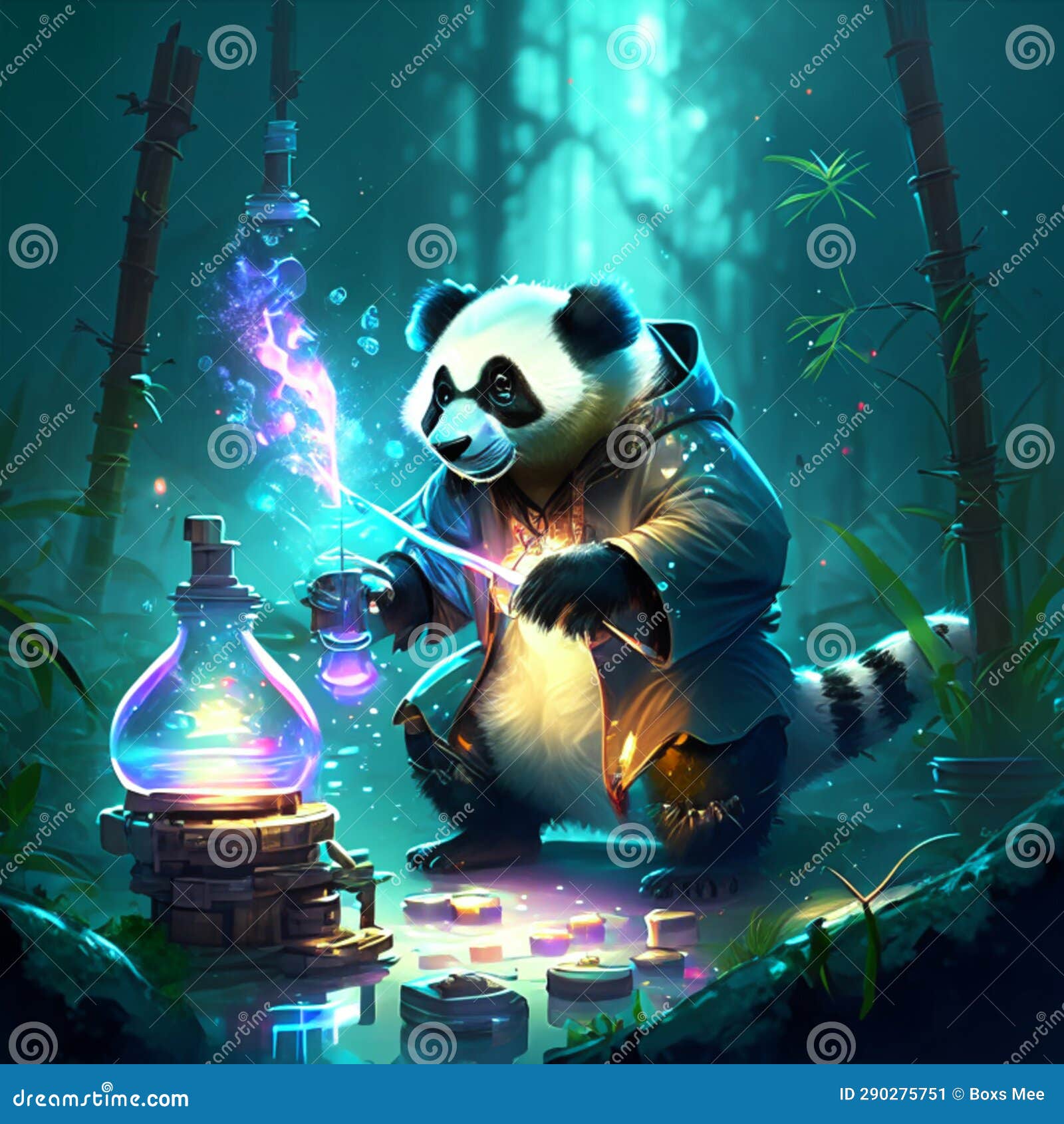 Illustration of a Panda Playing a Magic Potion in the Forest Generative ...