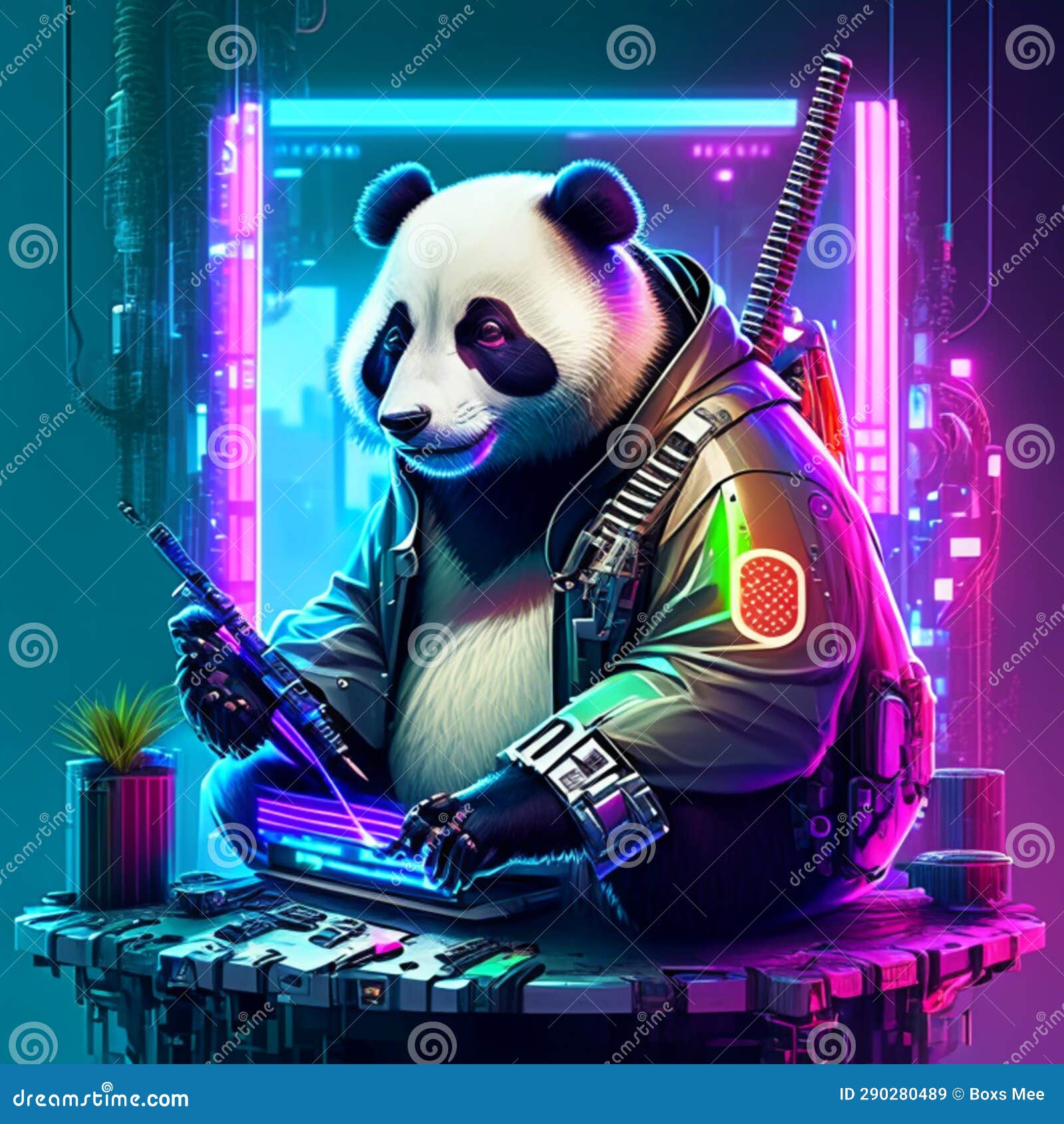 Illustration of a Panda Sitting in Front of a Computer Screen ...