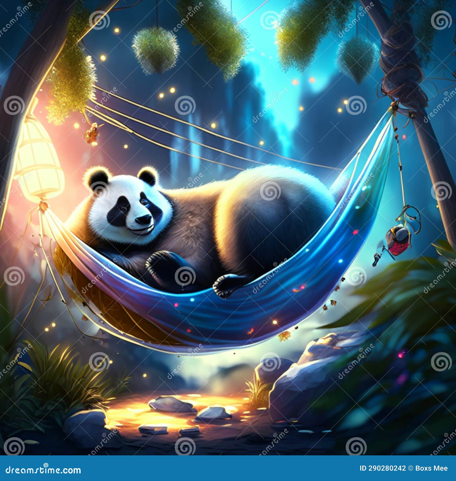 Illustration of a Panda Sleeping in a Hammock at Night Generative AI ...