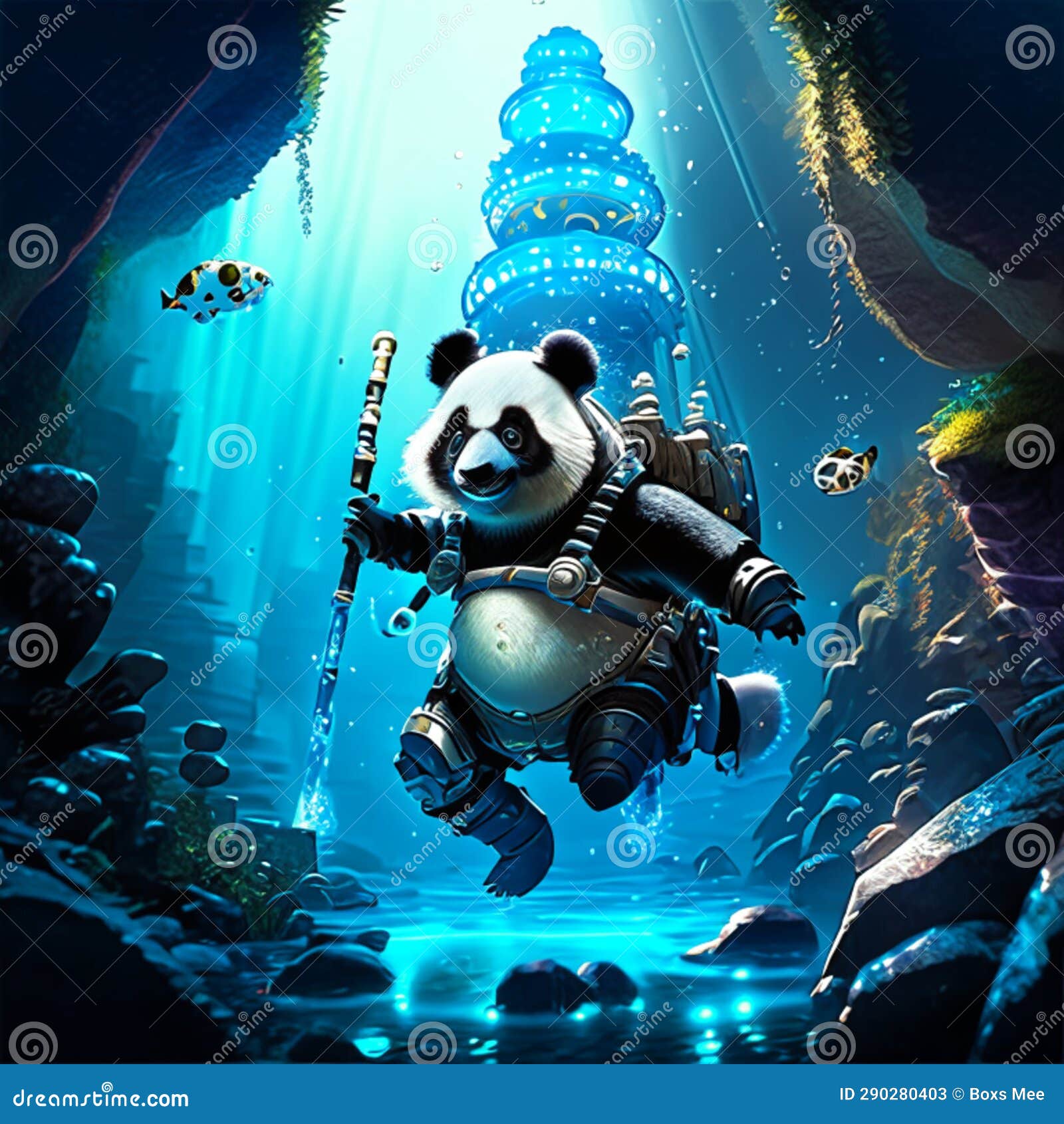 Illustration of a Panda in an Underwater Cave. 3D Rendering Stock ...