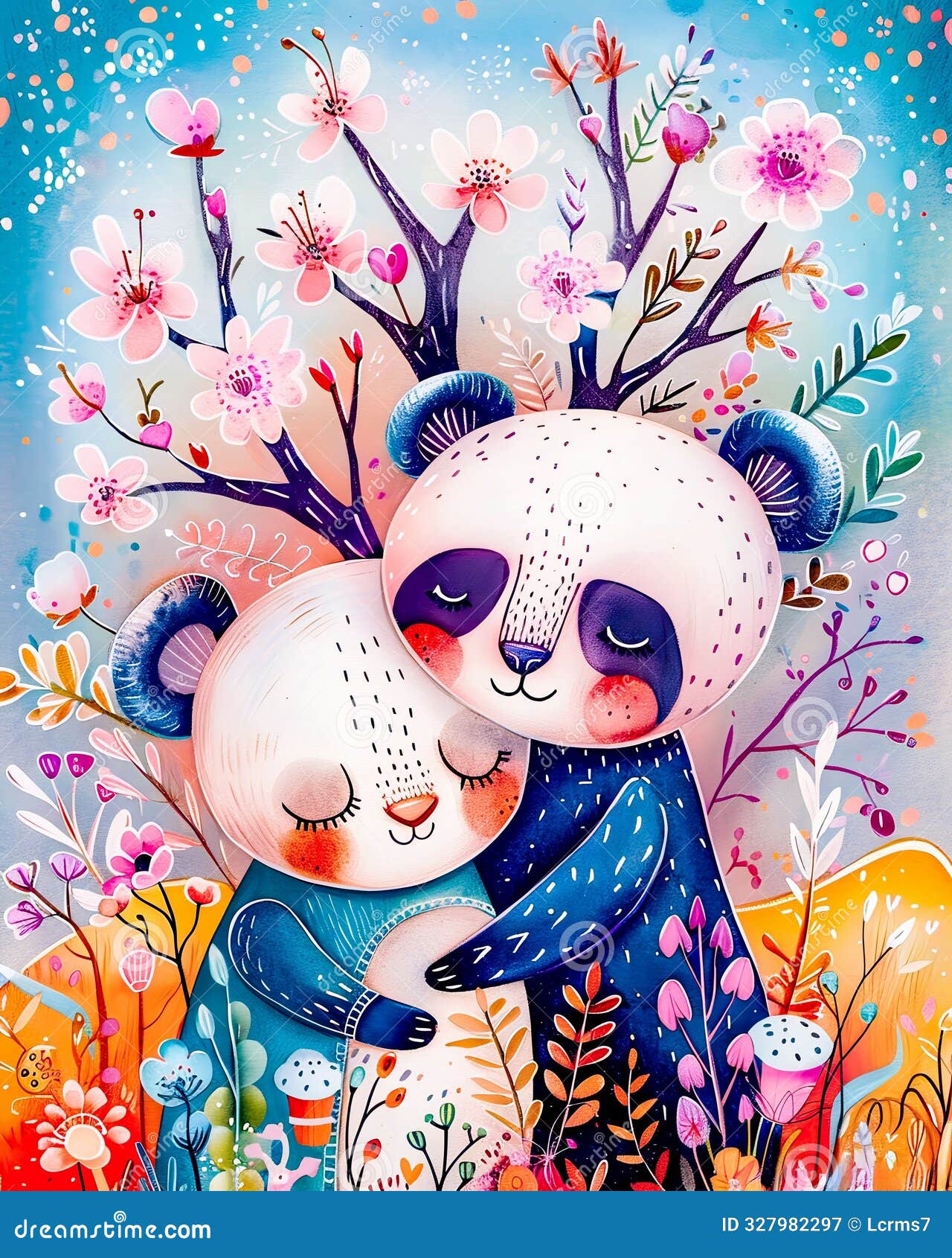 Two Pandas Hugging in Bamboo Forest Stock Illustration - Illustration ...