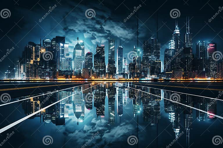 Illustration of a Panoram of City Skyline at Night. Generative AI Stock ... Illustration of a Panoram of City Skyline at Night. Generative AI Stock ...