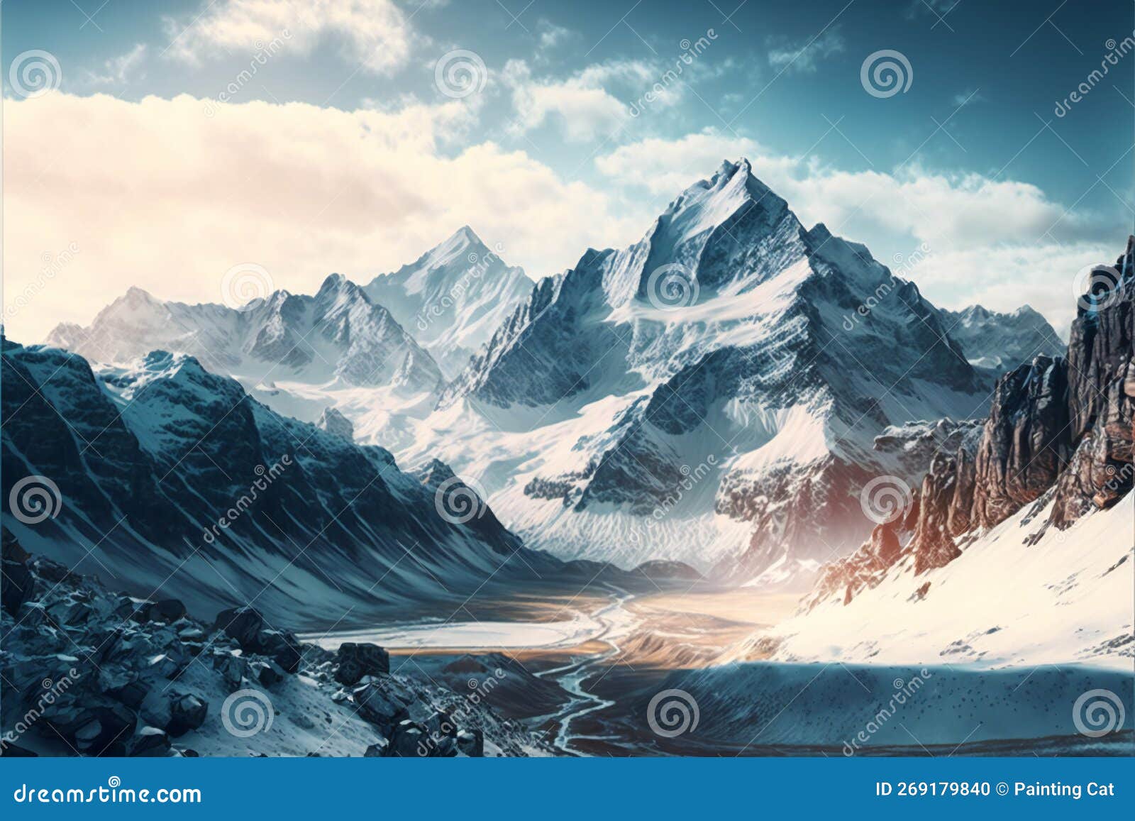 Panoramic View of Snow Capped Mountain Peaks, Scenery Background Stock ...