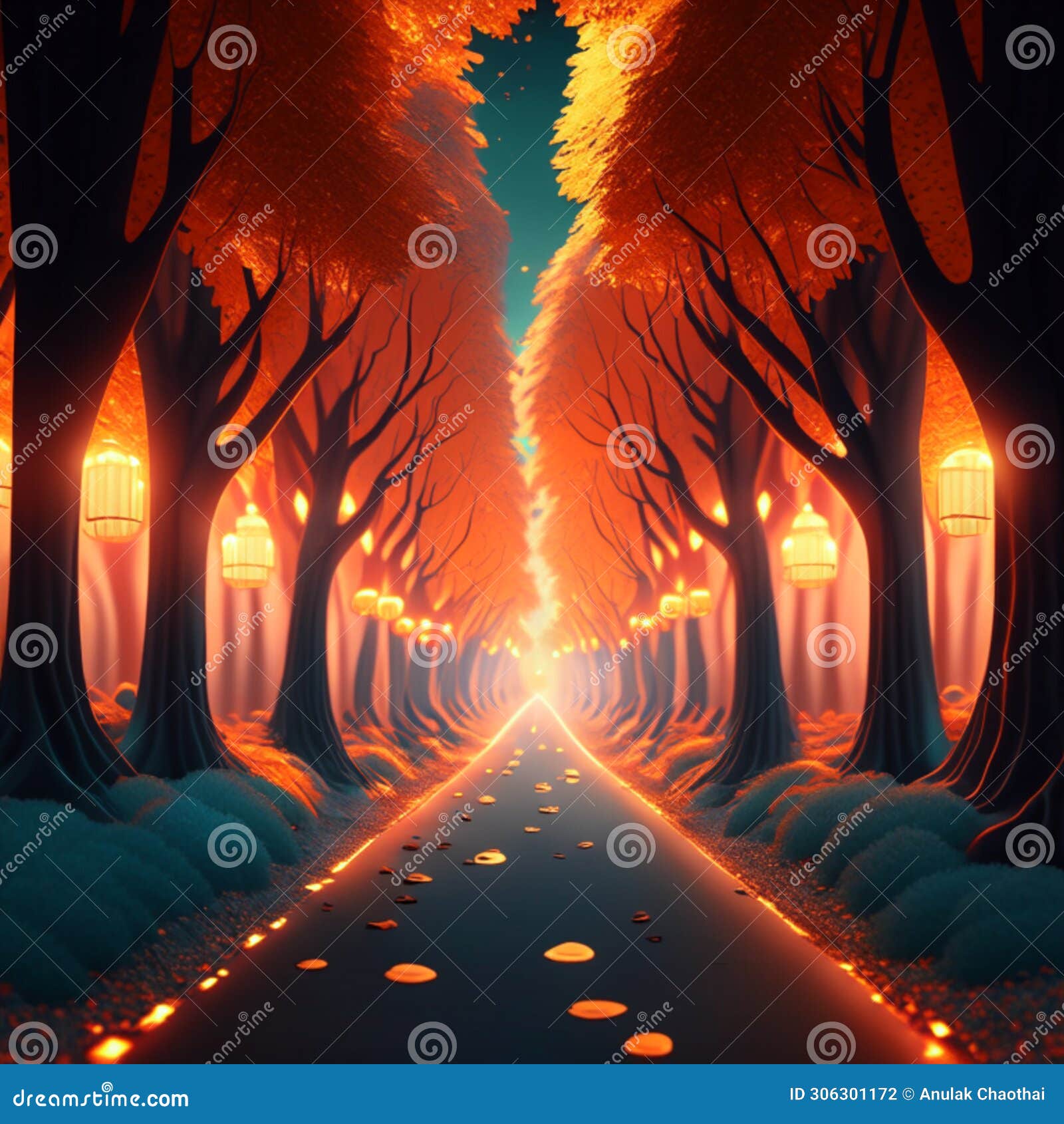 Illustration of a Path through a Creepy Forest with Glowing Trees and ...