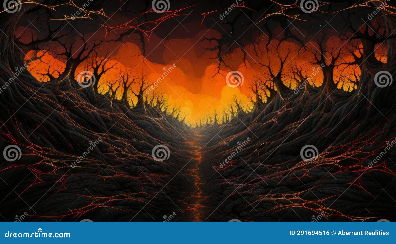 An Illustration of a Path through a Forest with Flames Coming Out of ...